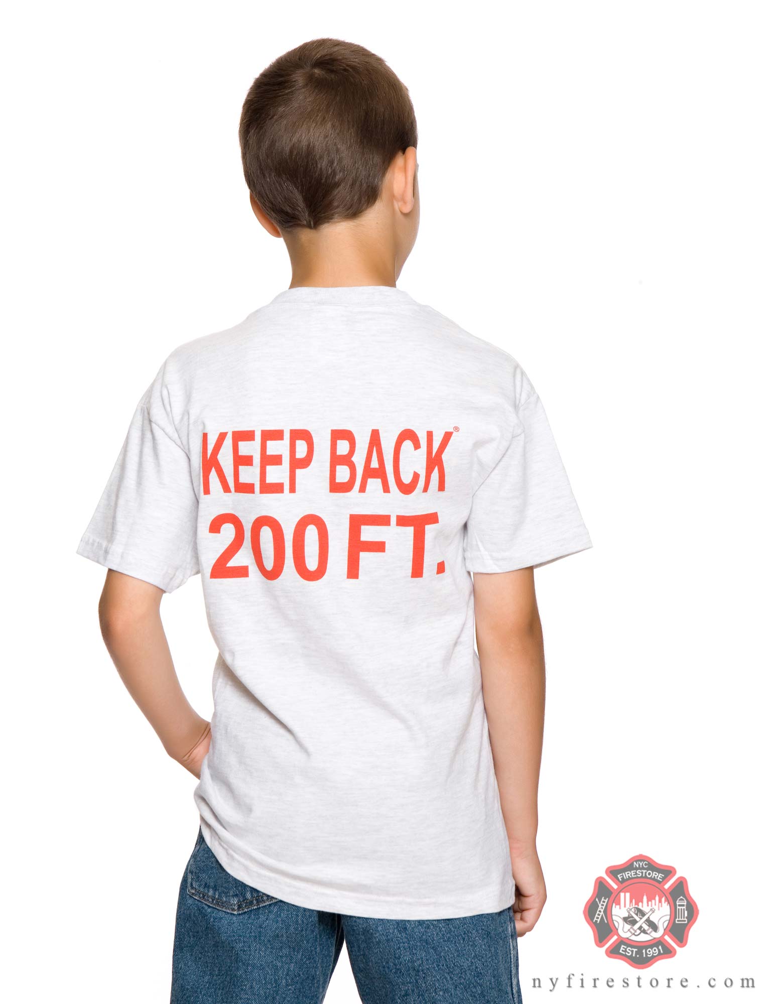Firefighter Ladder Truck "Keep Back 200 Feet" Tee Shirt - Ash